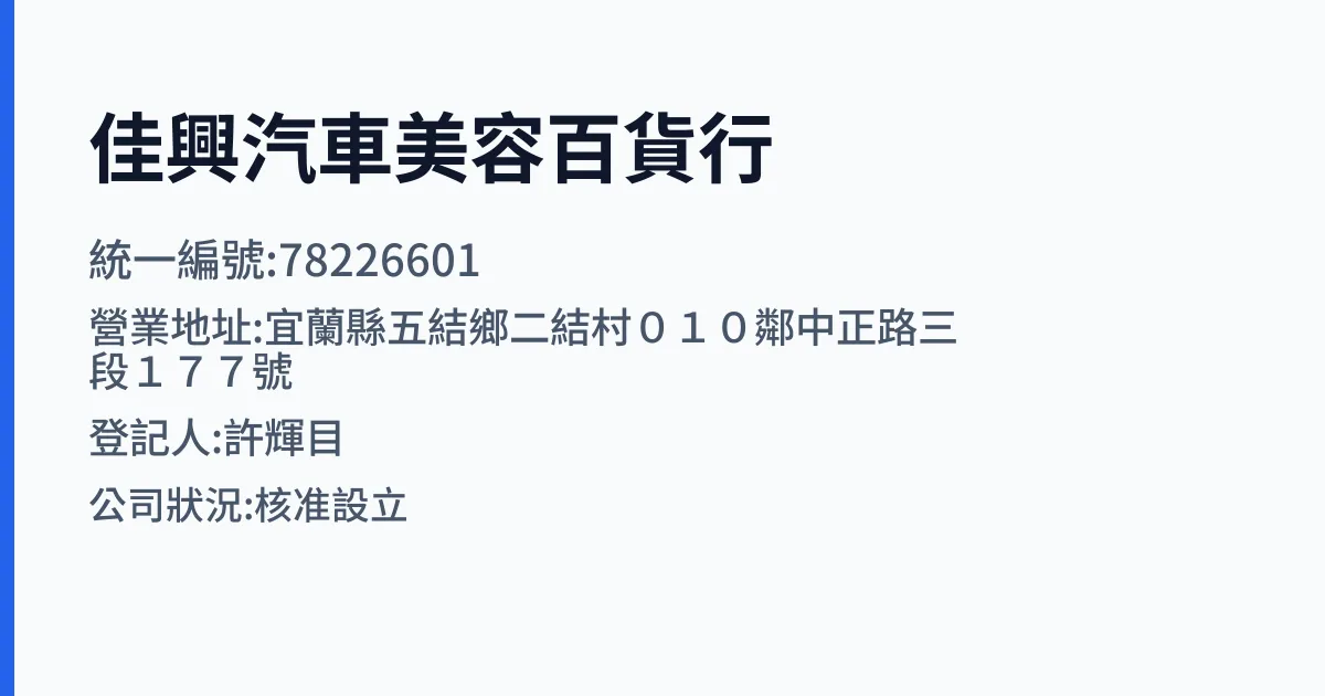 佳興汽車美容百貨行 - 統編 78226601(宜蘭縣) 公司登記資料與營業項目詳細圖表