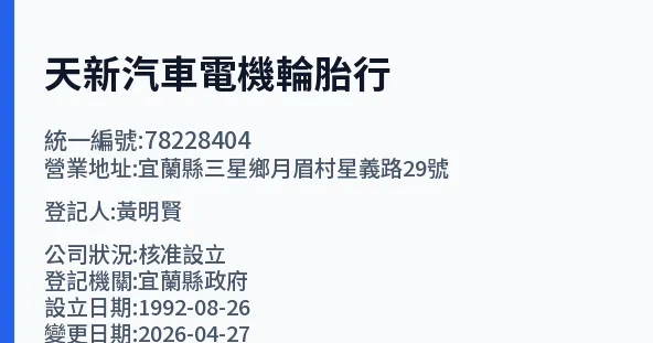 天新汽車電機輪胎行的照片-統編 78228404(宜蘭縣) 公司登記資料與營業項目詳細圖表