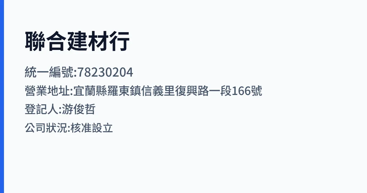 聯合建材行 - 統編 78230204(宜蘭縣) 公司登記資料與營業項目詳細圖表