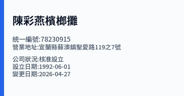陳彩燕檳榔攤的照片-統編 78230915(宜蘭縣) 公司登記資料與營業項目詳細圖表