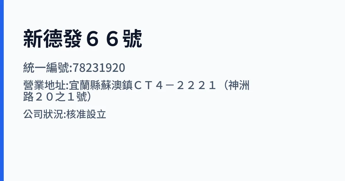 新德發６６號 - 統編 78231920(宜蘭縣) 公司登記資料與營業項目詳細圖表