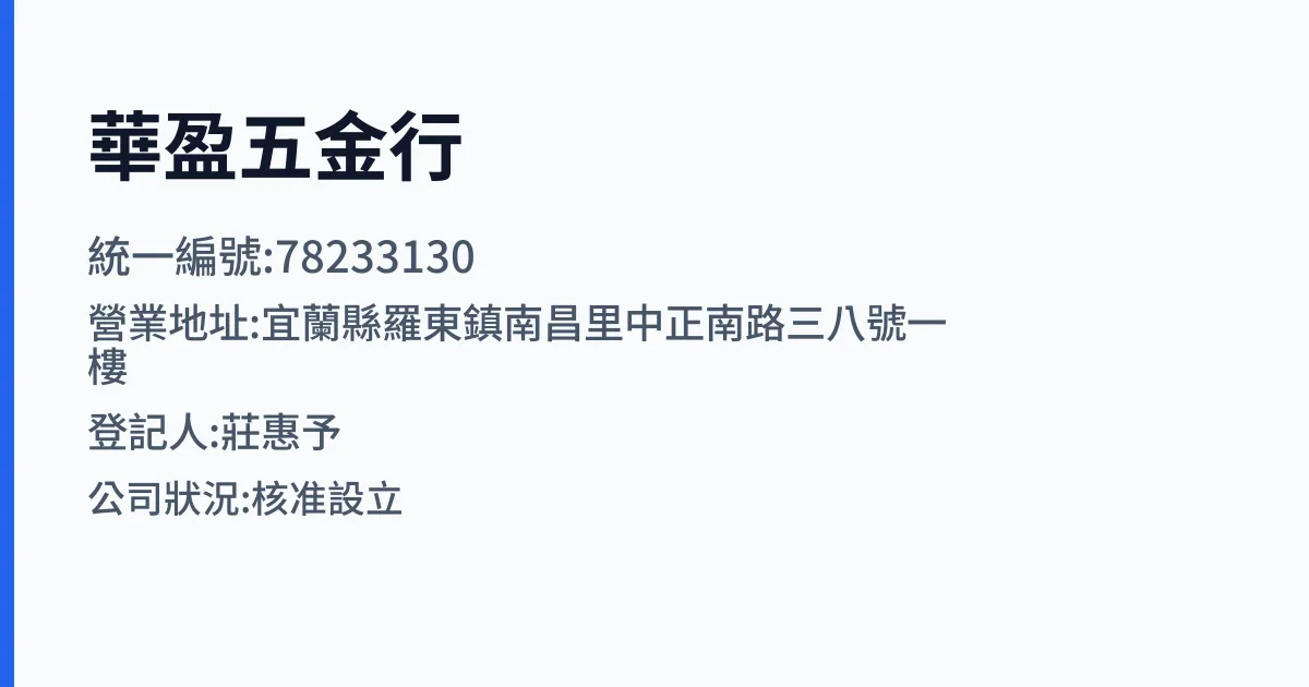 華盈五金行 - 統編 78233130(宜蘭縣) 公司登記資料與營業項目詳細圖表