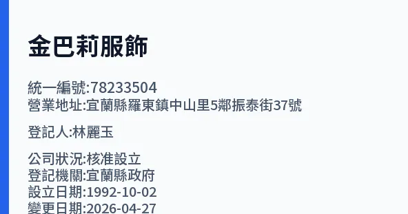 金巴莉服飾的照片-統編 78233504(宜蘭縣) 公司登記資料與營業項目詳細圖表