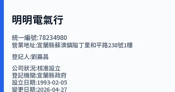 明明電氣行的照片-統編 78234980(宜蘭縣) 公司登記資料與營業項目詳細圖表