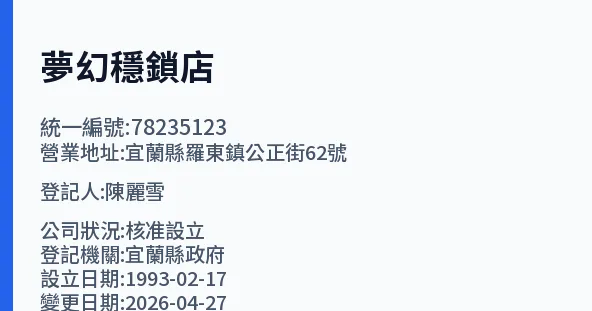 夢幻穩鎖店的照片-統編 78235123(宜蘭縣) 公司登記資料與營業項目詳細圖表