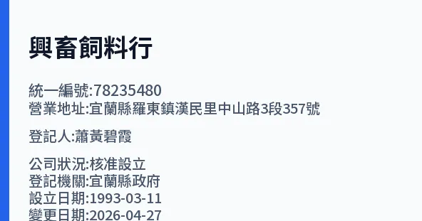 興畜飼料行的照片-統編 78235480(宜蘭縣) 公司登記資料與營業項目詳細圖表