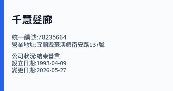 千慧髮廊的照片-統編 78235664(宜蘭縣) 公司登記資料與營業項目詳細圖表