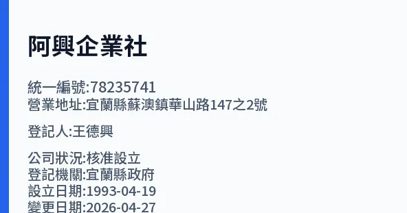 阿興企業社的照片-統編 78235741(宜蘭縣) 公司登記資料與營業項目詳細圖表