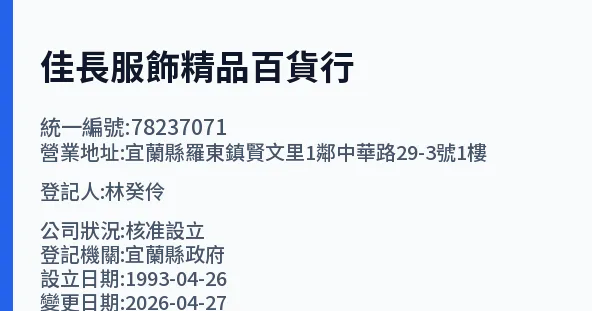佳長服飾精品百貨行的照片-統編 78237071(宜蘭縣) 公司登記資料與營業項目詳細圖表