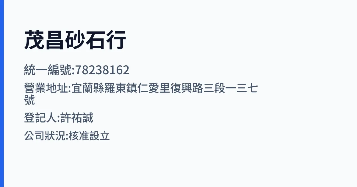 茂昌砂石行 - 統編 78238162(宜蘭縣) 公司登記資料與營業項目詳細圖表