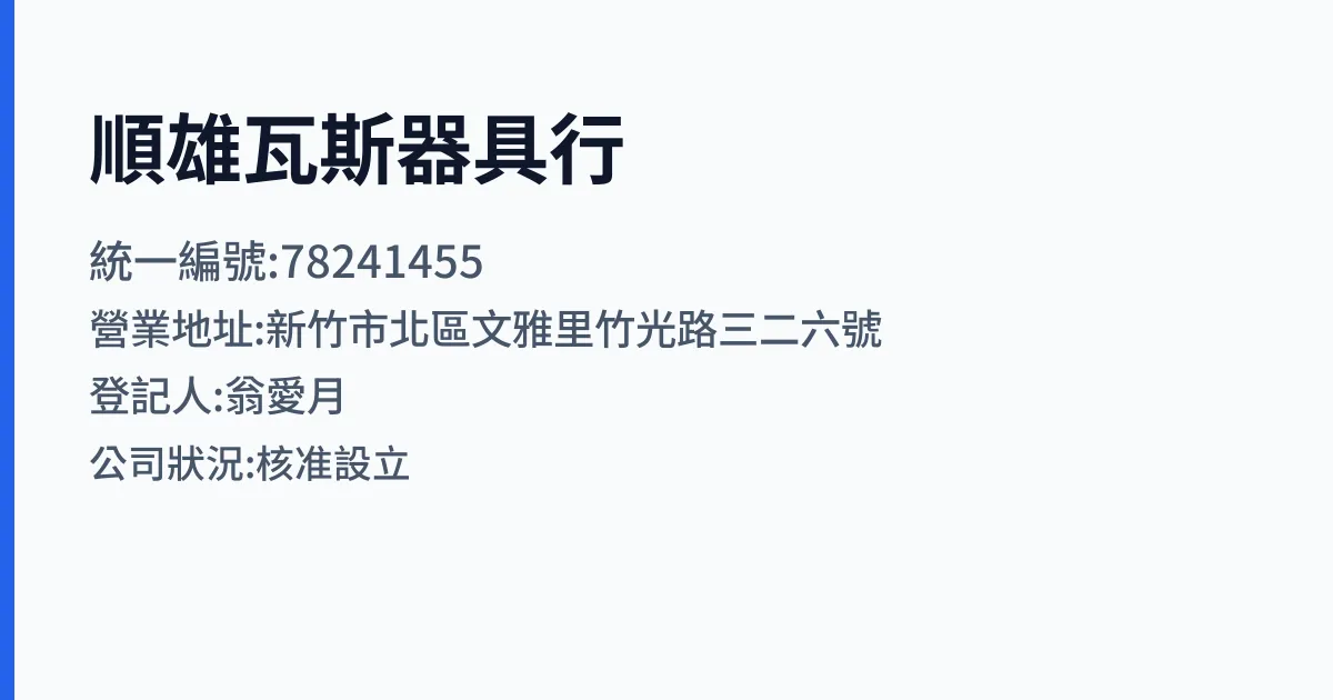 順雄瓦斯器具行 - 統編 78241455(新竹市) 公司登記資料與營業項目詳細圖表