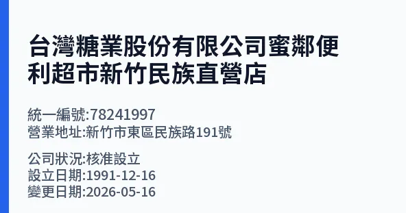 台灣糖業股份有限公司蜜鄰便利超市新竹民族直營店的照片-統編 78241997(新竹市) 公司登記資料與營業項目詳細圖表