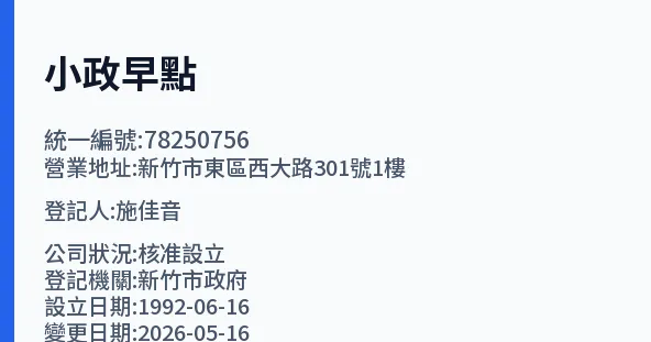 小政早點的照片-統編 78250756(新竹市) 公司登記資料與營業項目詳細圖表