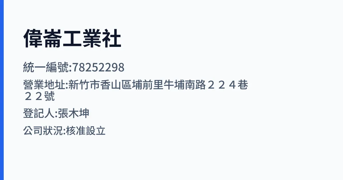 偉崙工業社 - 統編 78252298(新竹市) 公司登記資料與營業項目詳細圖表