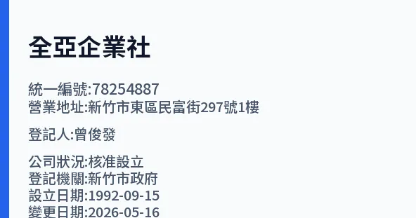 全亞企業社的照片-統編 78254887(新竹市) 公司登記資料與營業項目詳細圖表