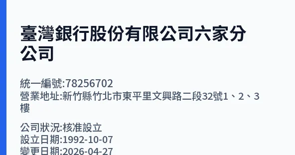 臺灣銀行股份有限公司六家分公司的照片-統編 78256702(新竹縣) 公司登記資料與營業項目詳細圖表