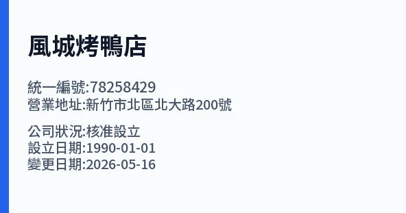 風城烤鴨店的照片-統編 78258429(新竹市) 公司登記資料與營業項目詳細圖表