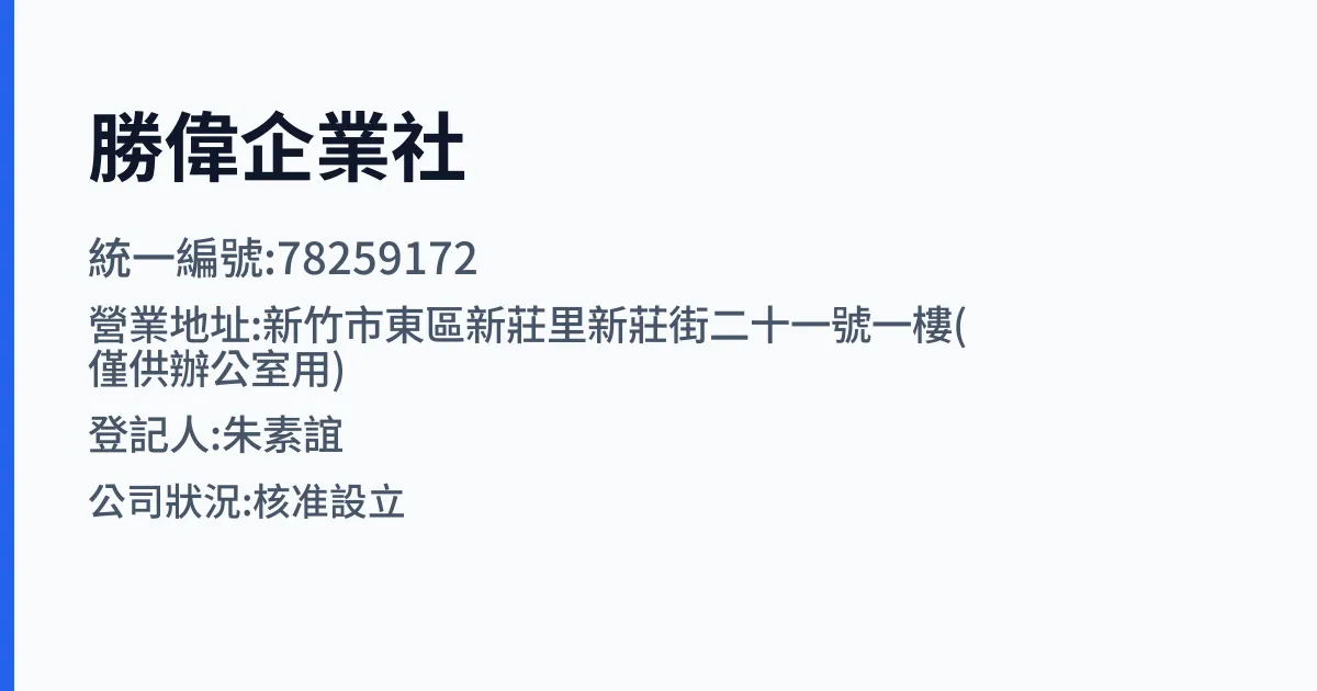 勝偉企業社 - 統編 78259172(新竹市) 公司登記資料與營業項目詳細圖表