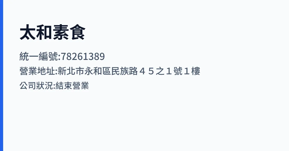 太和素食 - 統編 78261389(新北市) 公司登記資料與營業項目詳細圖表