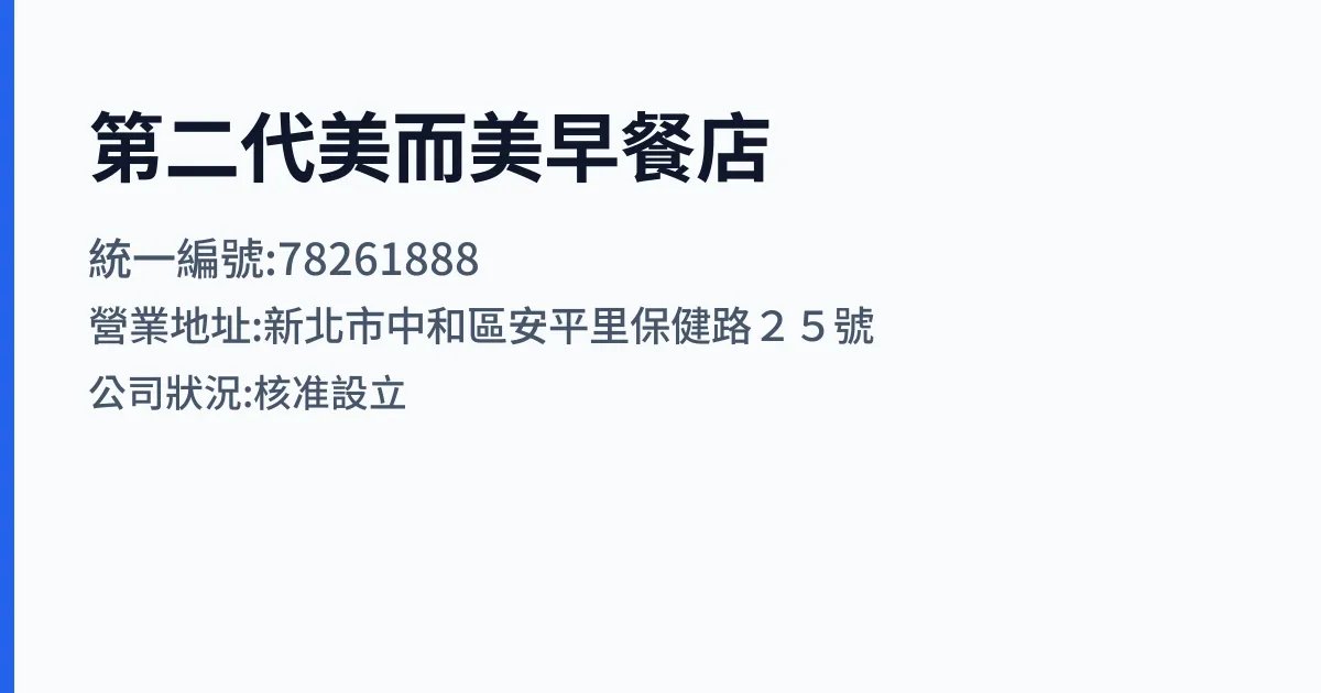 第二代美而美早餐店 - 統編 78261888(新北市) 公司登記資料與營業項目詳細圖表
