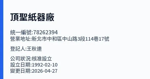 頂聖紙器廠的照片-統編 78262394(新北市) 公司登記資料與營業項目詳細圖表