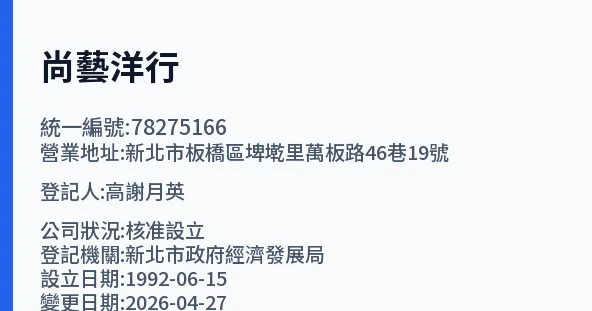 尚藝洋行的照片-統編 78275166(新北市) 公司登記資料與營業項目詳細圖表