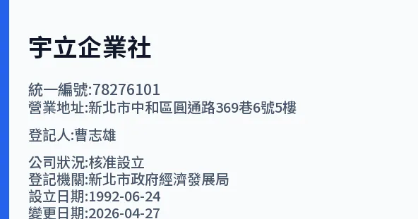 宇立企業社的照片-統編 78276101(新北市) 公司登記資料與營業項目詳細圖表