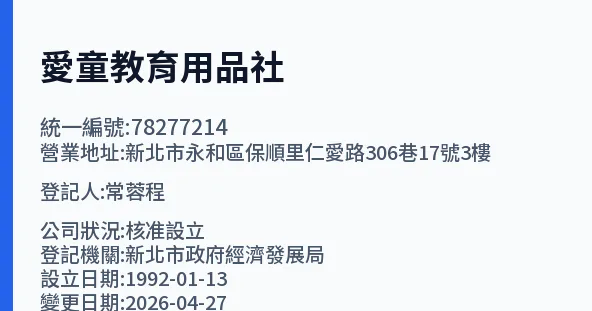 愛童教育用品社的照片-統編 78277214(新北市) 公司登記資料與營業項目詳細圖表