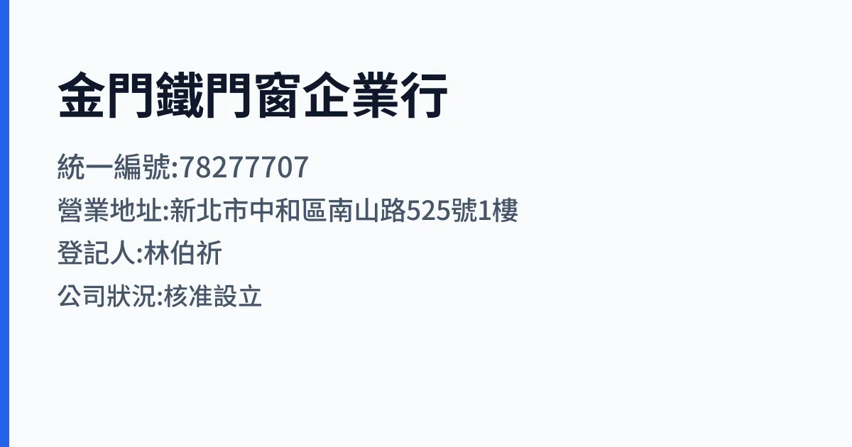 金門鐵門窗企業行 - 統編 78277707(新北市) 公司登記資料與營業項目詳細圖表