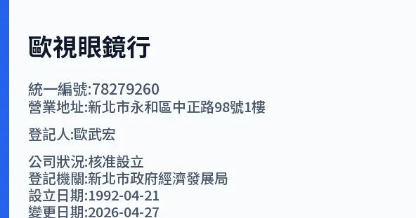 歐視眼鏡行的照片-統編 78279260(新北市) 公司登記資料與營業項目詳細圖表