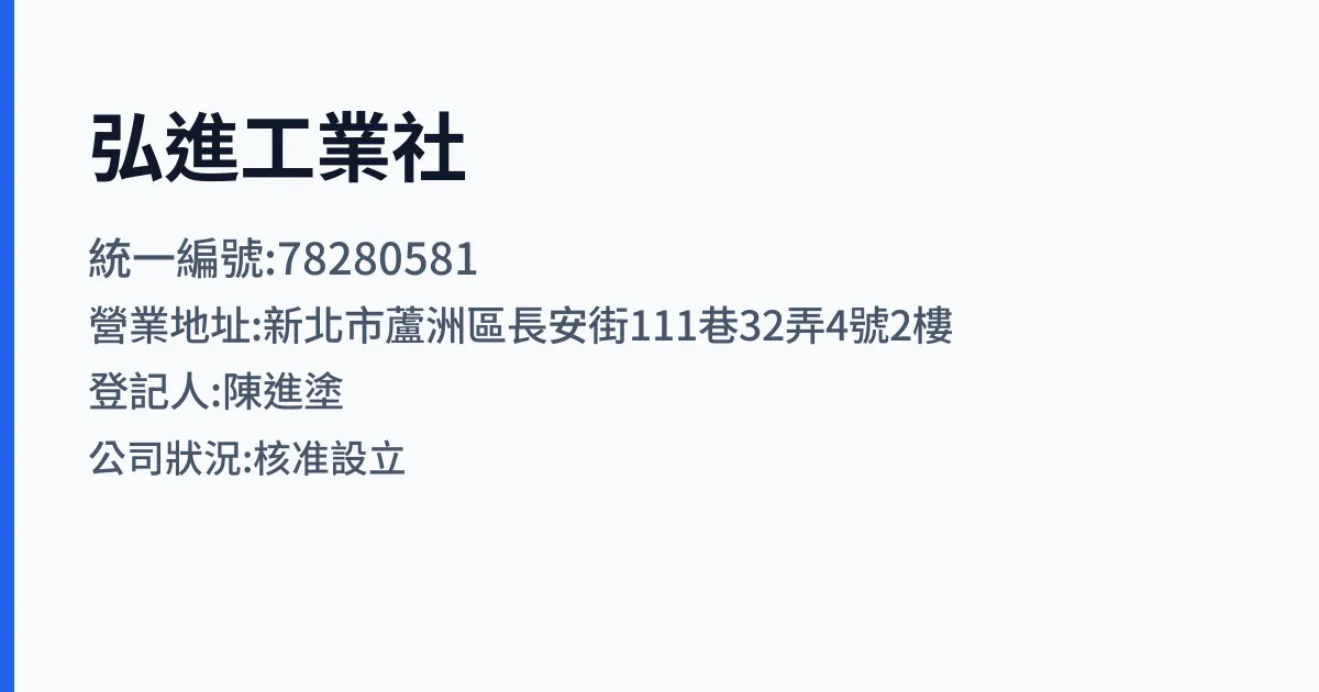 弘進工業社 - 統編 78280581(新北市) 公司登記資料與營業項目詳細圖表