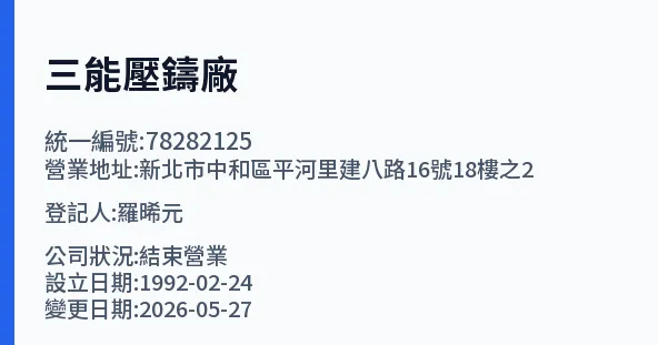 三能壓鑄廠的照片-統編 78282125(新北市) 公司登記資料與營業項目詳細圖表