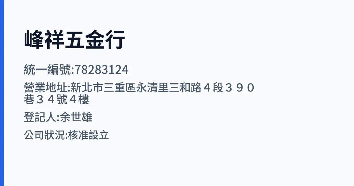峰祥五金行 - 統編 78283124(新北市) 公司登記資料與營業項目詳細圖表