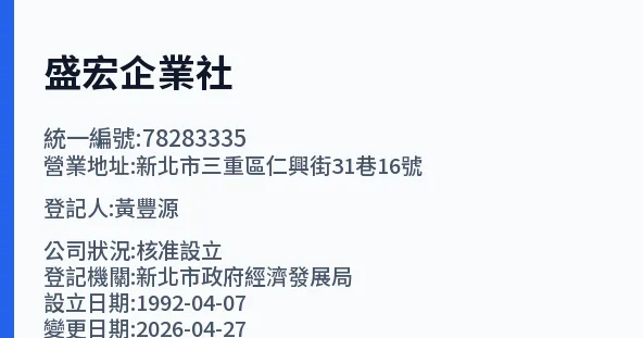 盛宏企業社的照片-統編 78283335(新北市) 公司登記資料與營業項目詳細圖表
