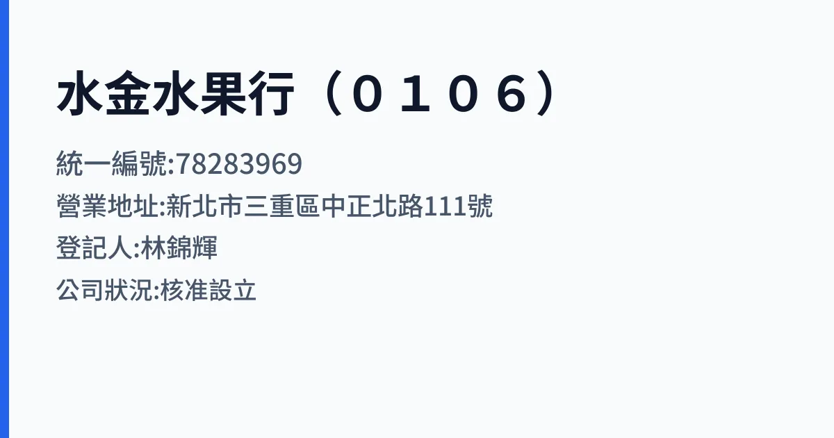 水金水果行(0106) - 統編 78283969(新北市) 公司登記資料與營業項目詳細圖表