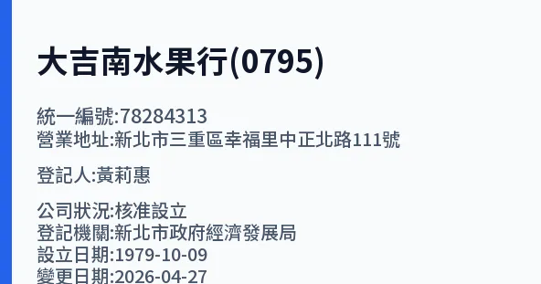 大吉南水果行(0795)的照片-統編 78284313(新北市) 公司登記資料與營業項目詳細圖表