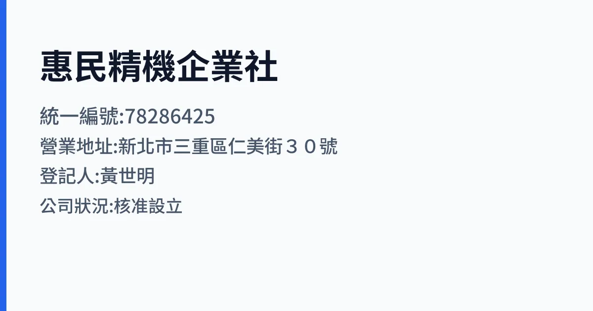 惠民精機企業社 - 統編 78286425(新北市) 公司登記資料與營業項目詳細圖表