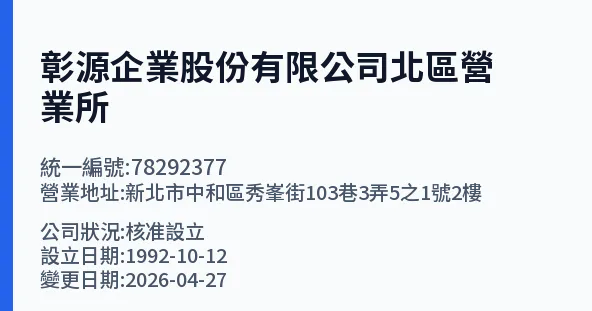 彰源企業股份有限公司北區營業所的照片-統編 78292377(新北市) 公司登記資料與營業項目詳細圖表