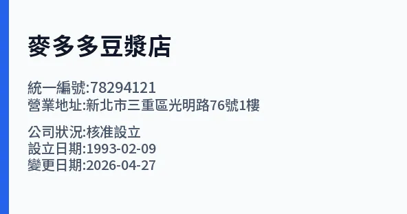 麥多多豆漿店的照片-統編 78294121(新北市) 公司登記資料與營業項目詳細圖表