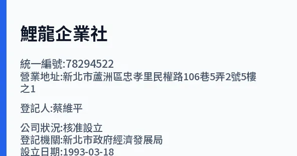 鯉龍企業社的照片-統編 78294522(新北市) 公司登記資料與營業項目詳細圖表
