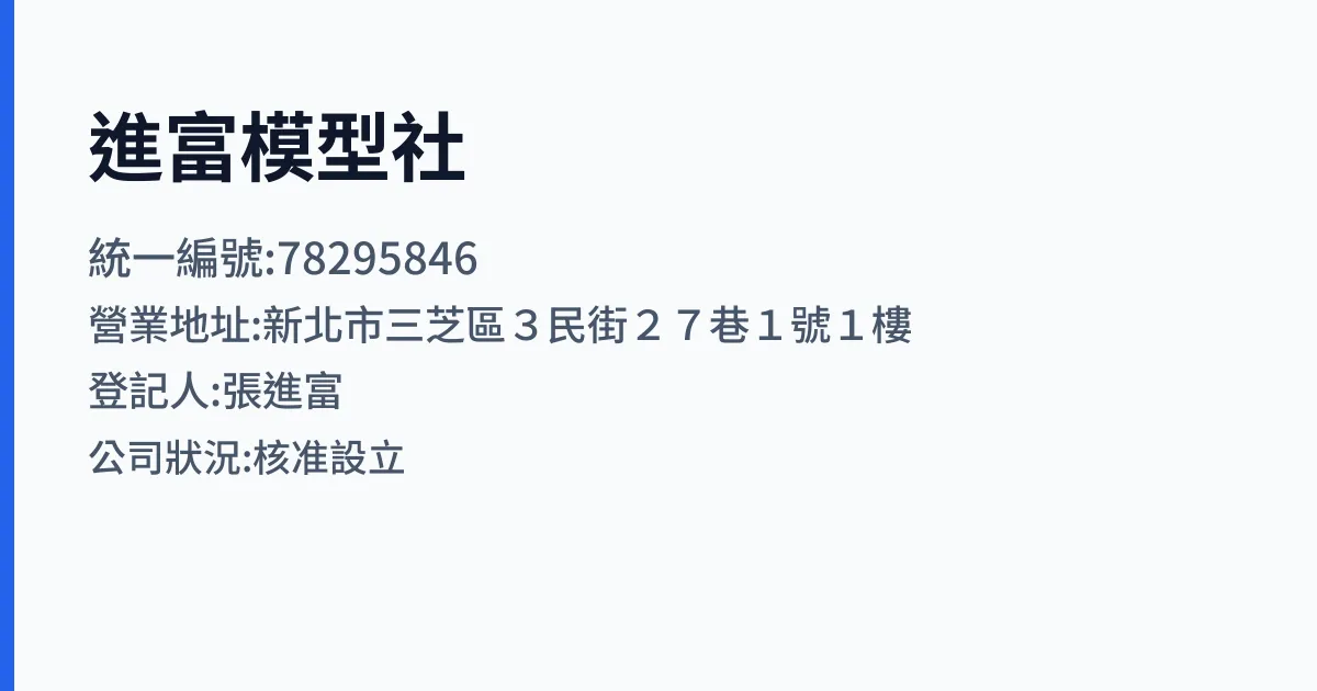 進富模型社 - 統編 78295846(新北市) 公司登記資料與營業項目詳細圖表