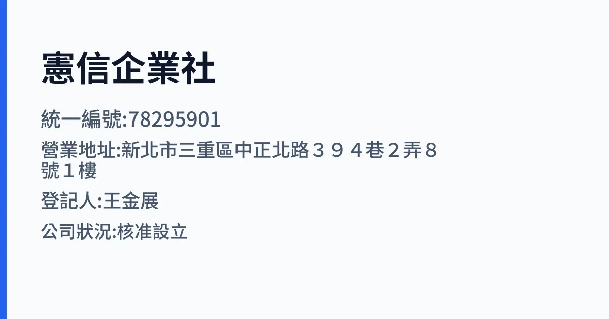 憲信企業社 - 統編 78295901(新北市) 公司登記資料與營業項目詳細圖表