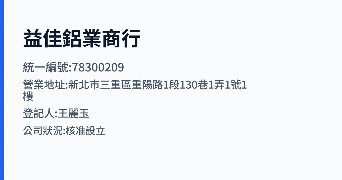 益佳鋁業商行 - 統編 78300209(新北市) 公司登記資料與營業項目詳細圖表