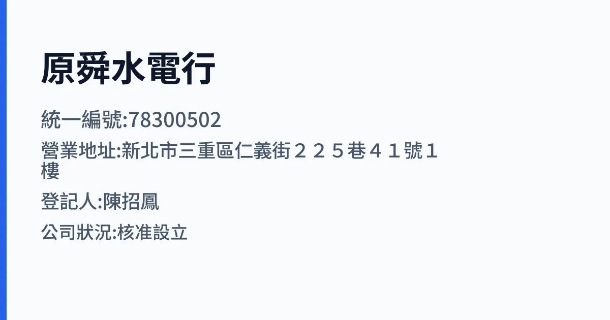 原舜水電行 - 統編 78300502(新北市) 公司登記資料與營業項目詳細圖表