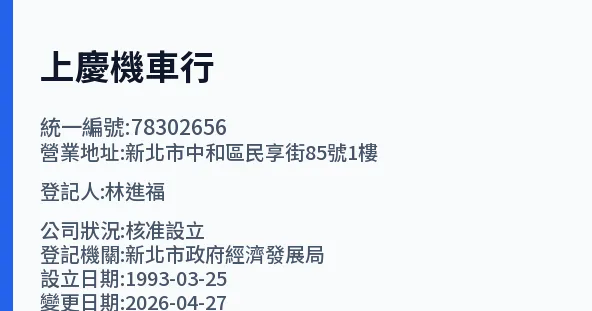 上慶機車行的照片-統編 78302656(新北市) 公司登記資料與營業項目詳細圖表