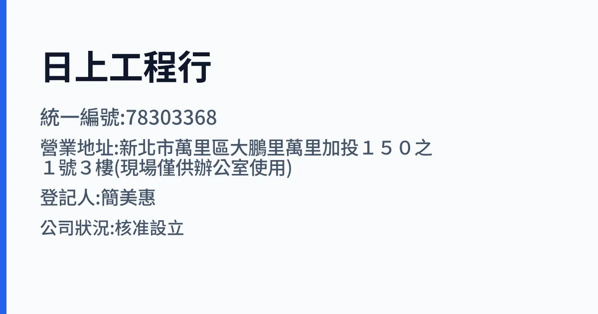 日上工程行 - 統編 78303368(新北市) 公司登記資料與營業項目詳細圖表