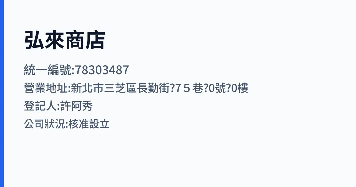 弘來商店 - 統編 78303487(新北市) 公司登記資料與營業項目詳細圖表