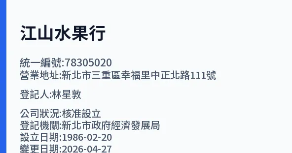 江山水果行的照片-統編 78305020(新北市) 公司登記資料與營業項目詳細圖表