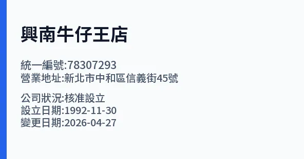 興南牛仔王店的照片-統編 78307293(新北市) 公司登記資料與營業項目詳細圖表
