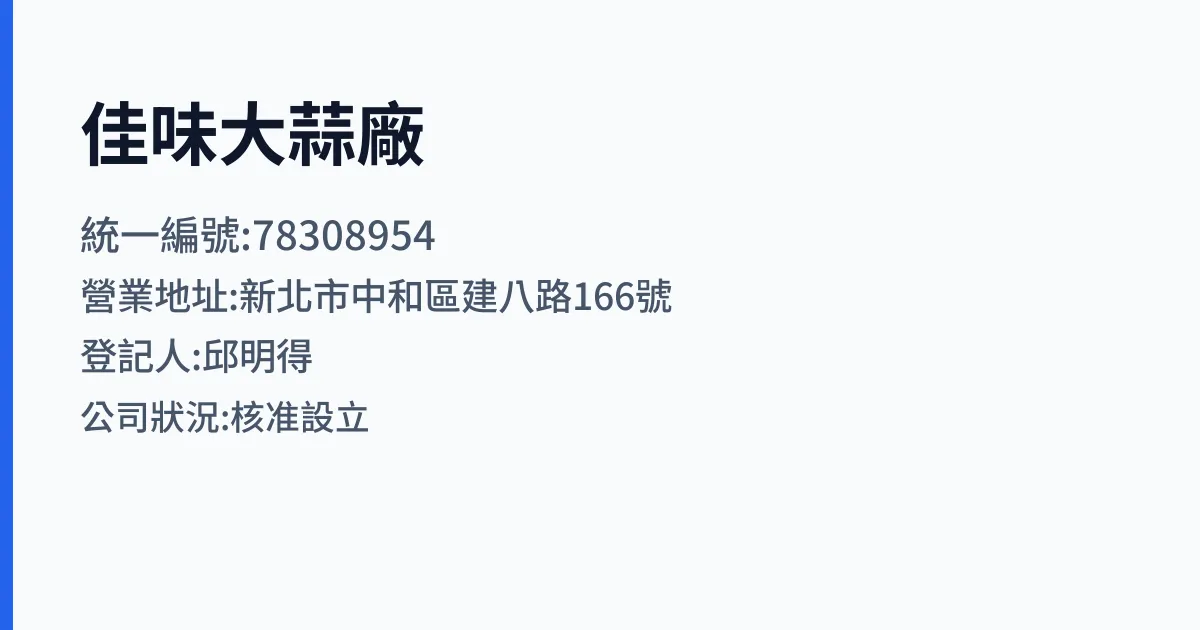 佳味大蒜廠 - 統編 78308954(新北市) 公司登記資料與營業項目詳細圖表